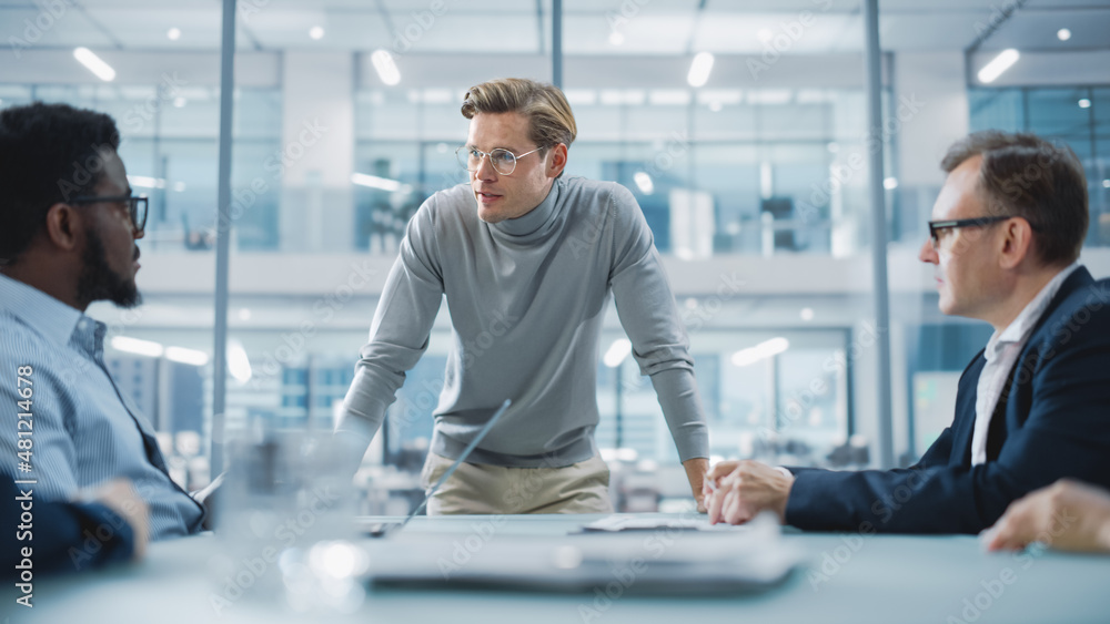 Modern Office Meeting Room: Handsome Executive Director Stands in the ...