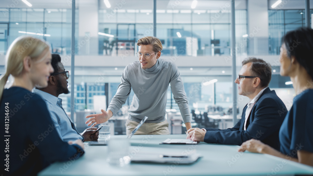 Modern Office Meeting Room: Handsome Executive Director Stands in the ...