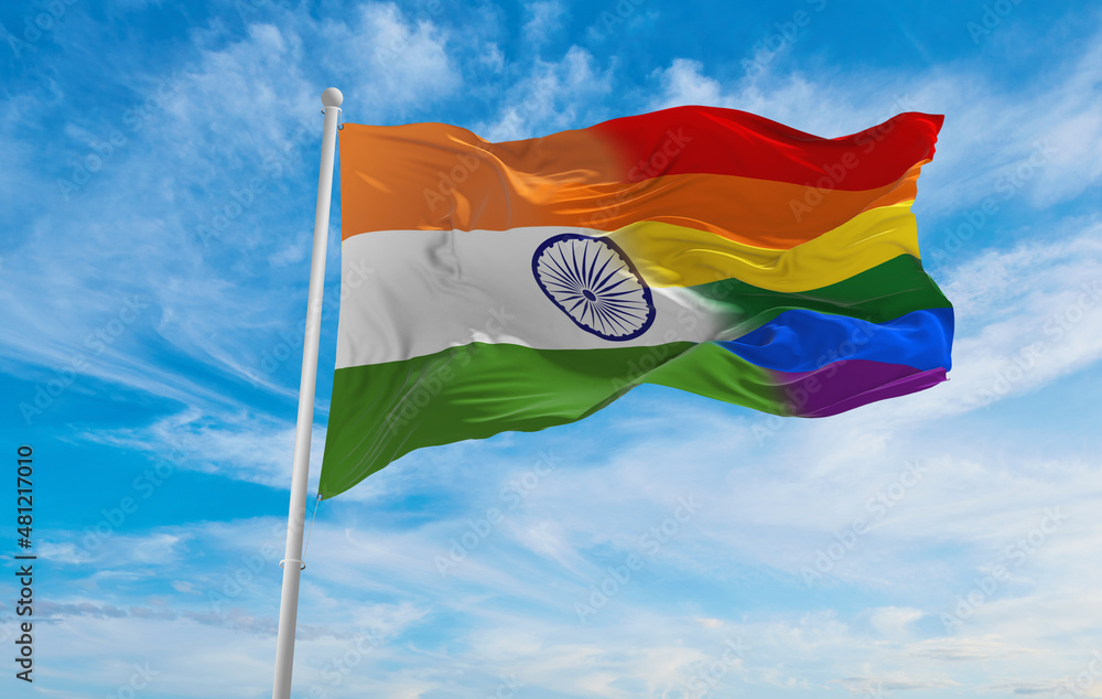 national lgbt flag of India flag waving in the wind at cloudy sky ...