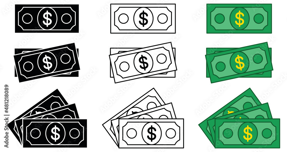Dollar Bill Money Clipart Set - Outline, Silhouette and Color Stock ...