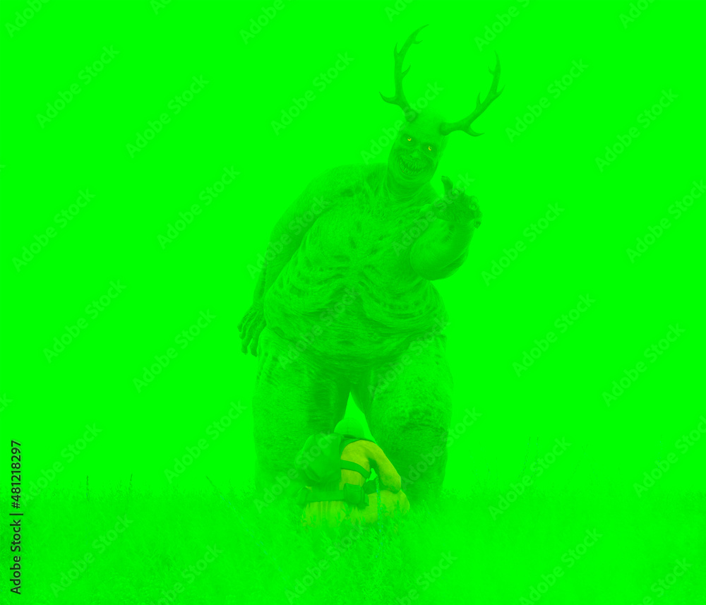 Illustration of a soldier in a containment suit with a giant horned ...