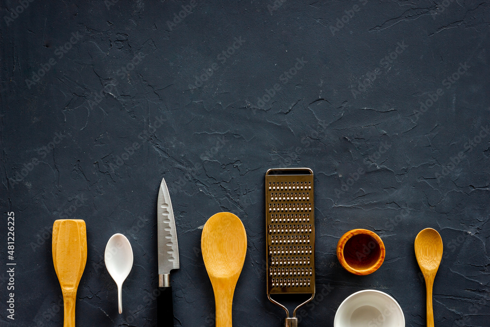 Food cooking background with kitchen utensils and cookware Stock Photo ...