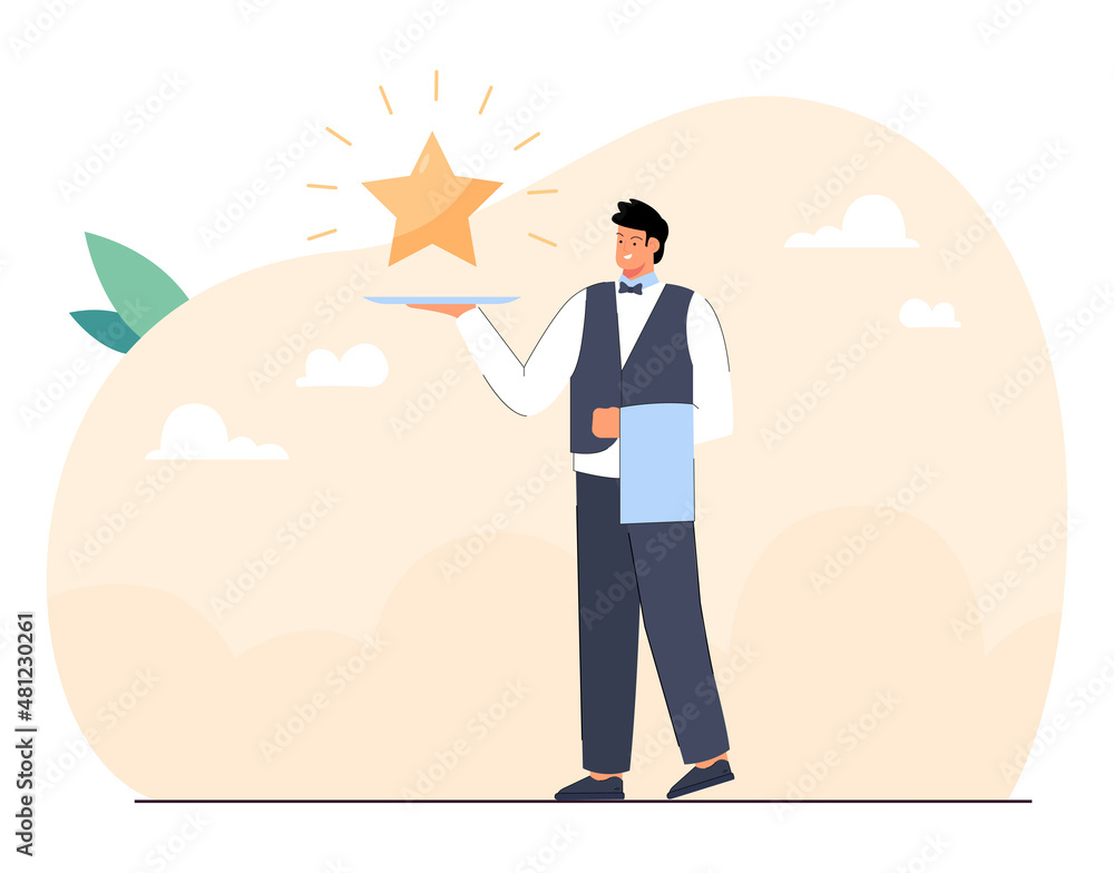 Waiter serving gold quality star for VIP customers. Funny person ...