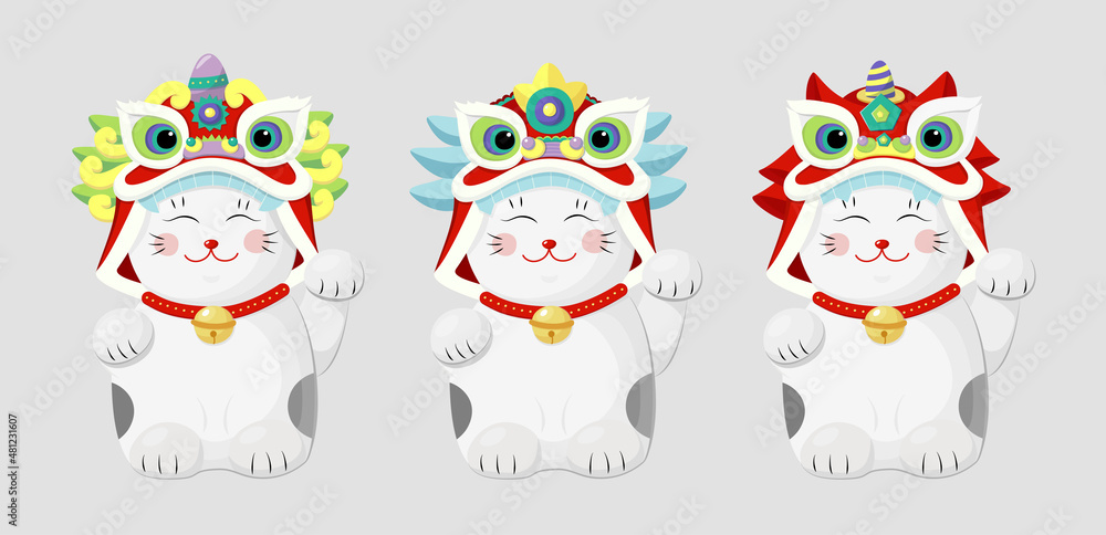 China lion dance maneki neko cat set in chinese style.Vector graphic ...