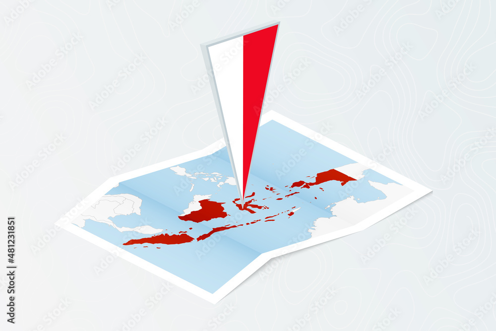 Isometric paper map of Indonesia with triangular flag of Indonesia in ...
