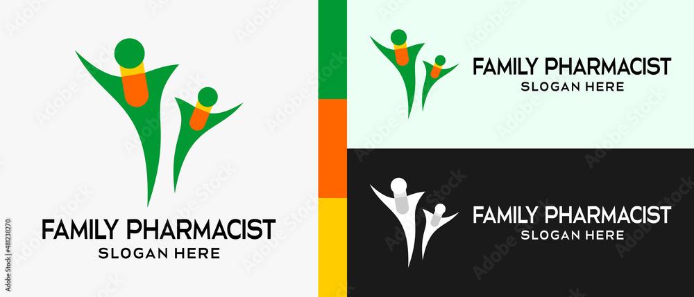 pharmacy logo design template with two people icon in pill element ...