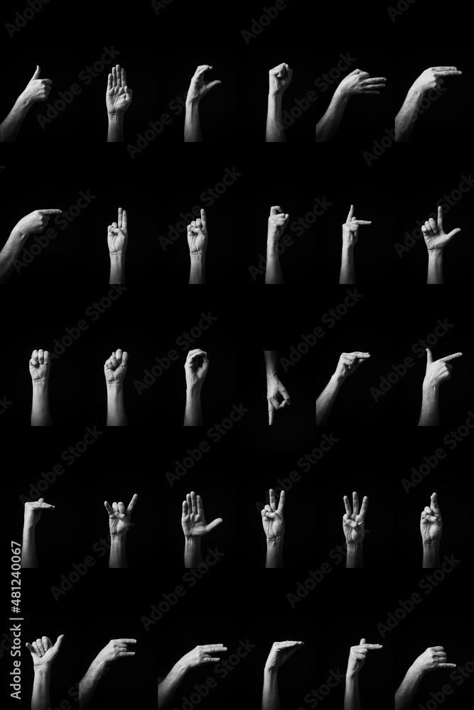 B+W image of hands demonstrating Chinese sign language letters full ...