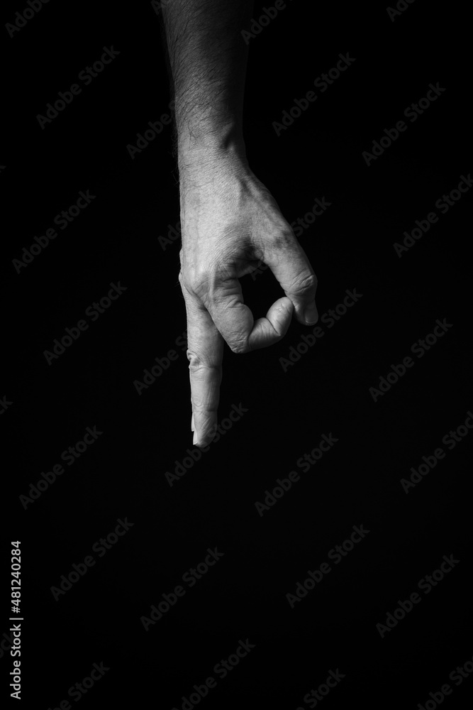 B+W image of hand demonstrating Chinese sign language letter P isolated ...