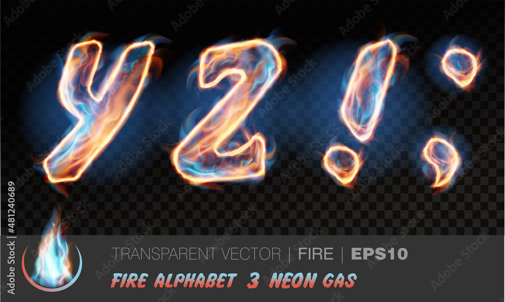 Alphabet of neon gas fire. Transparent realistic vector on dark ...