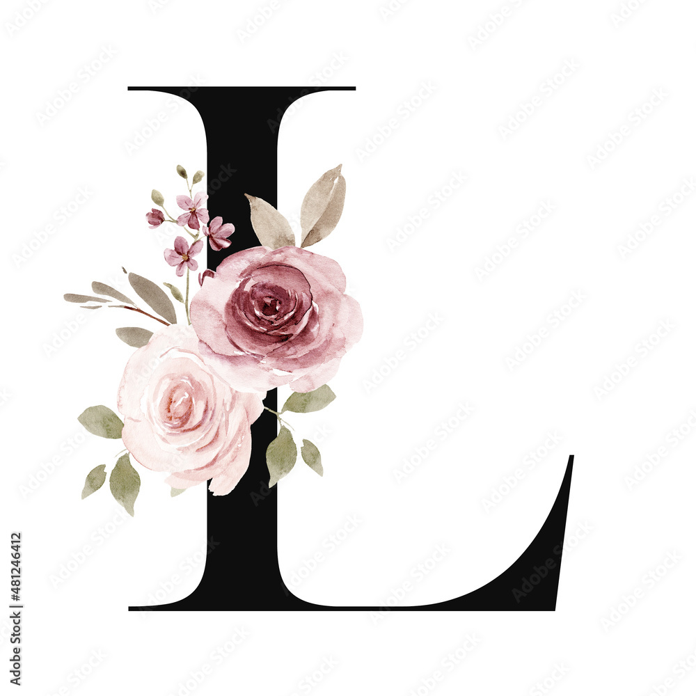 Floral alphabet, letter l with watercolor flowers and leaf. Monogram ...