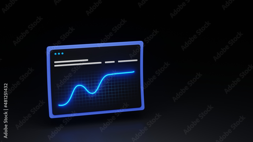 Black theme dashboard with blue glowing growth line chart. 3d render ...