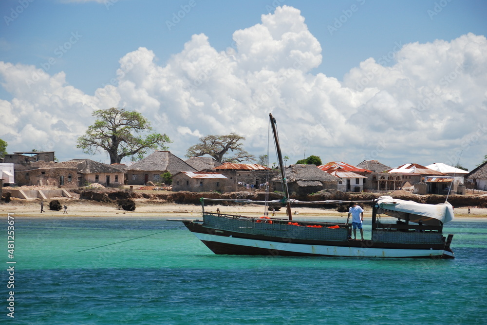 African sailing boat on turquoise water in front of a beach with ...