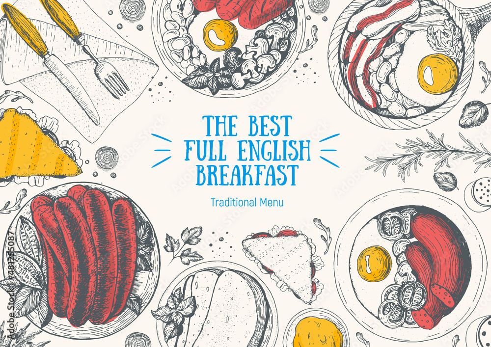English breakfast top view frame. English food menu design. Vintage ...