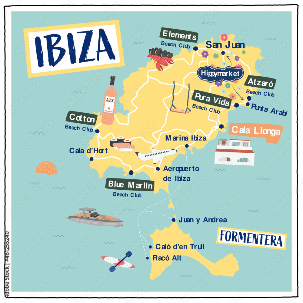 Illustration Of The Ibiza Map With Titles And Icons Stock Vector illustration-of-the-ibiza-map-with-titles-and-icons-stock-vector