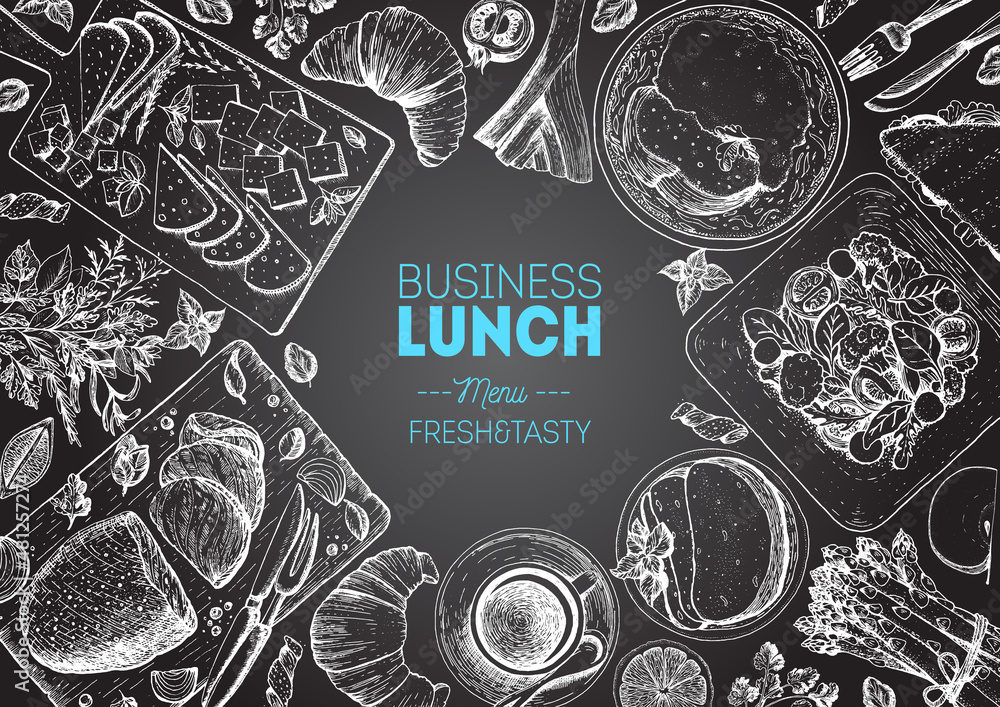 Business lunch top view frame. Food menu design. Vintage hand drawn ...