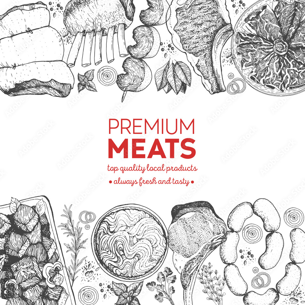 Meat and sausages top view. Engraved style background. Hand drawn ...