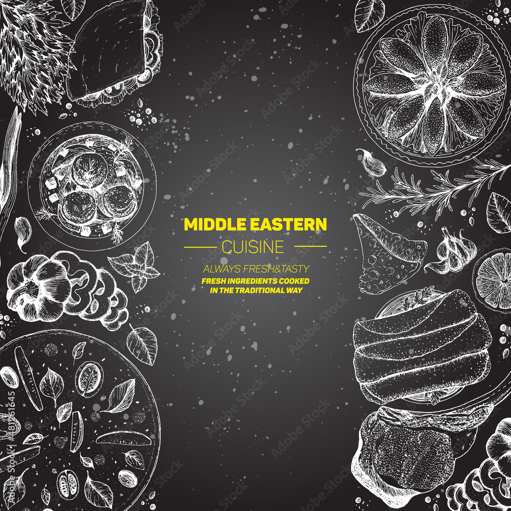 Middle eastern cuisine top view. Food menu design template with ...