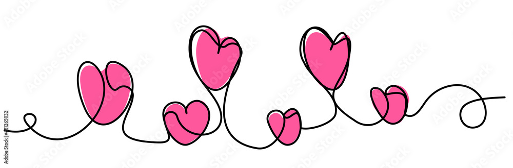 Pink hearts in one line on a white background. Vector element for ...