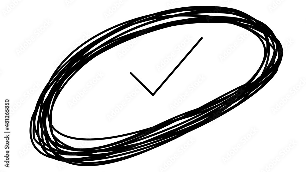 A simple symbol with an approval checkmark. Hand-drawn doodle oval with ...