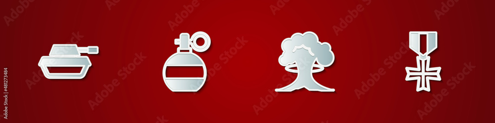 Set Military tank, Hand grenade, Nuclear explosion and reward medal ...