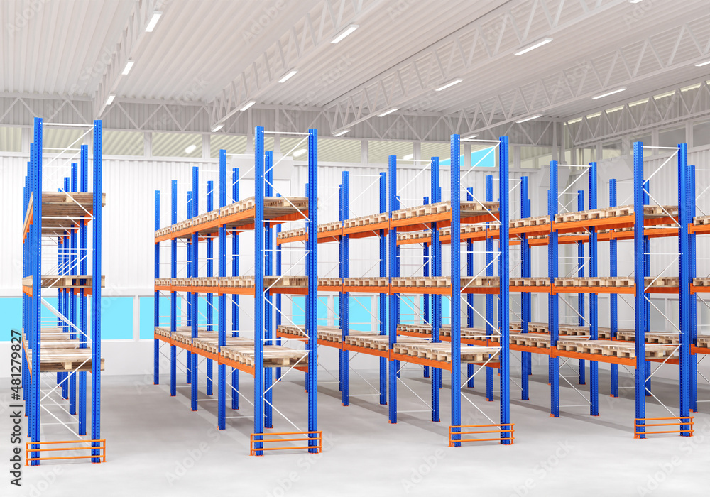 Warehouse interior. Empty racks in hangar. Storehouse rent. Multi ...