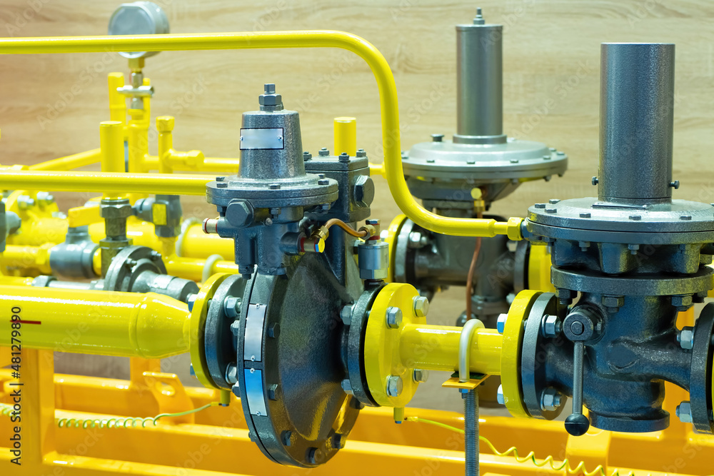 Gas control equipment. Natural gas supplies. Yellow pipeline ...