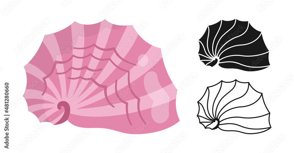 Marine seashell cartoon or stamp, doodle outline sign ocean set. Spiral ...