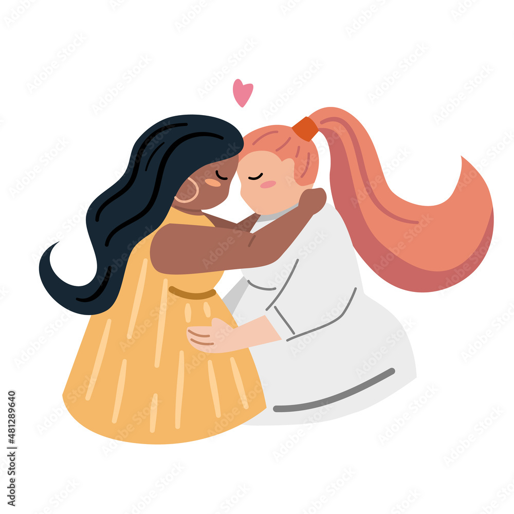Plus Size, overweight Couple Lesbian in love, hand draw cartoon flat ...