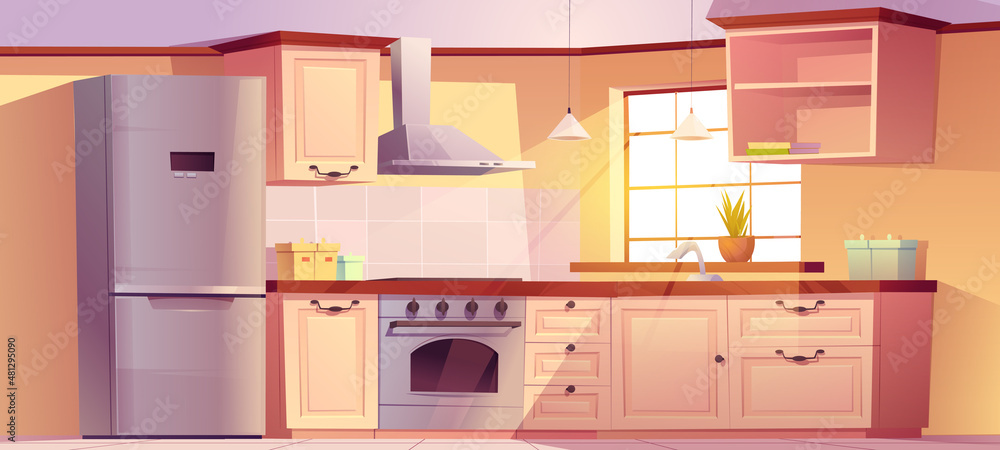 Retro kitchen empty interior with appliances and white wooden furniture ...