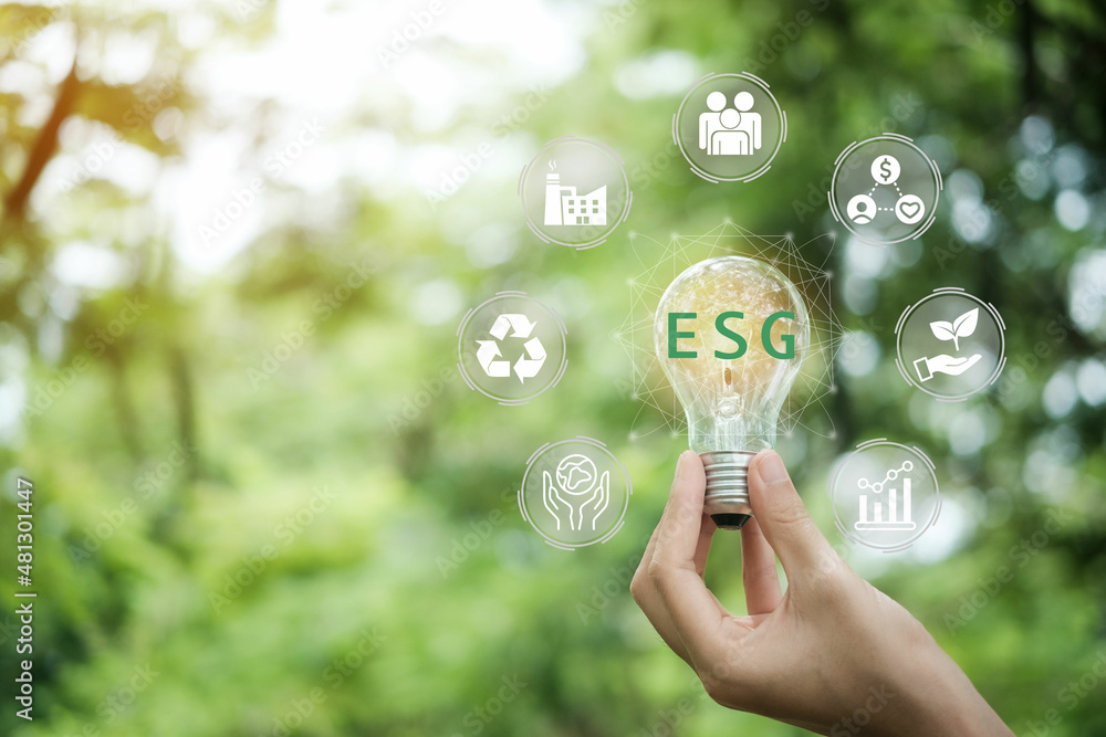Hand holding light bulb with ESG icon concept for environmental, social ...
