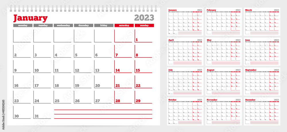 Calendar 2023 planner template. Week Starts on Monday. Set of 12 Months ...