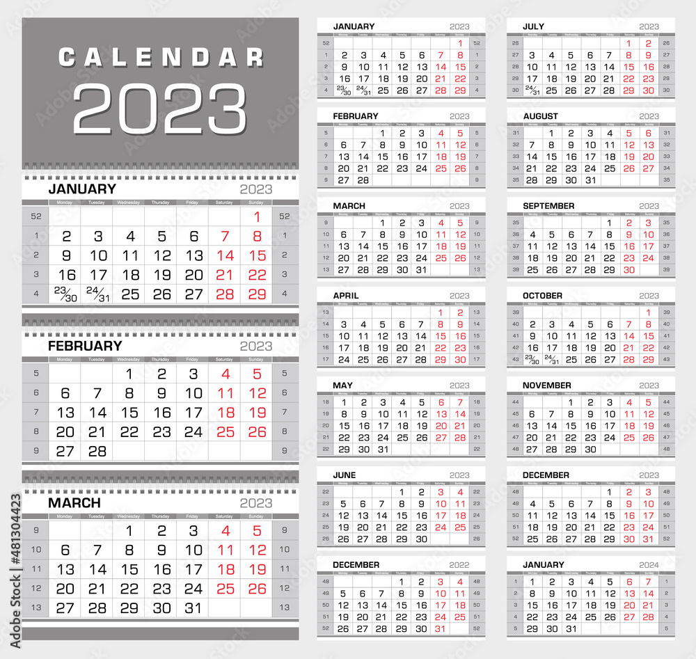 Calendar 2023. Wall quarterly calendar with week numbers. Week start ...