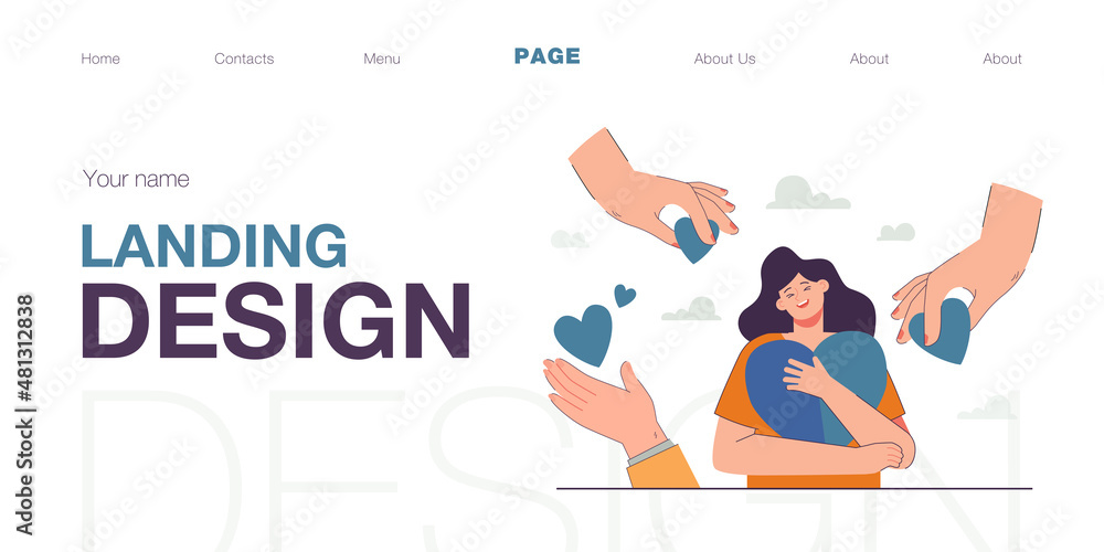 Hands of volunteers giving red hearts to tiny woman with love. Happy ...