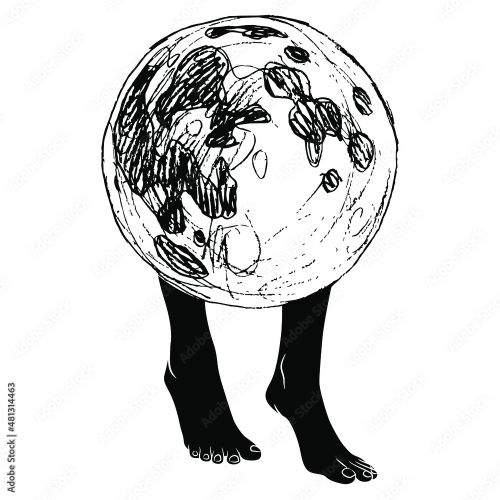 Planet moon on human feet. Full moon walking. Creative weird concept ...