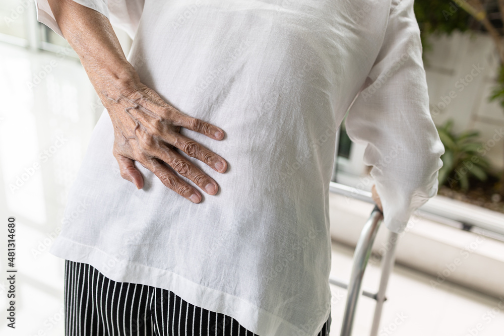 Asian senior woman with lower back pain or back muscle injury,old ...