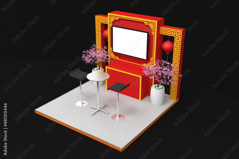 3d illustration stand booth imlek chinese ornament decoration 3x3 m ...