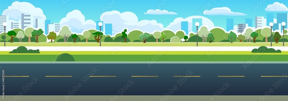 Good asphalt road. Park city area. Side view. Quality modern empty ...