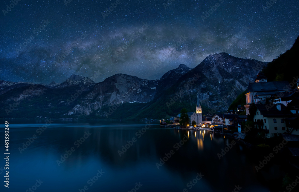The milky way galaxy with stars on a night sky background at Hallstatt ...