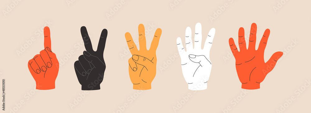 Set of gestures colourful human hands different races, showing fingers to count from one to five ...