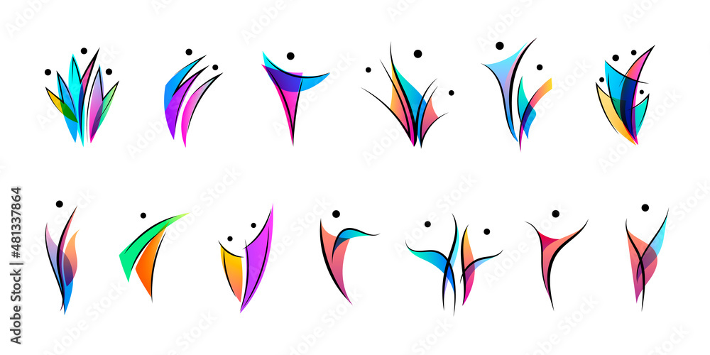 Vector set human body logos, people shapes, linear colorful stylized ...
