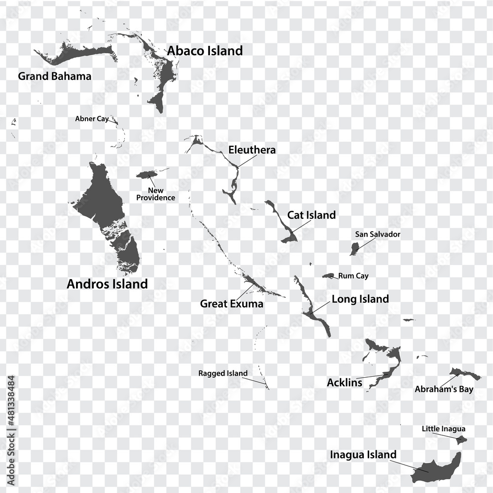 Blank map Bahamas in gray. Every Island map is with titles. High ...