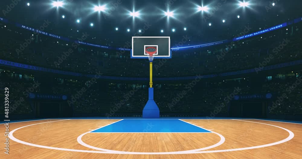 Spotlights shining above the basketball court and basket front view ...