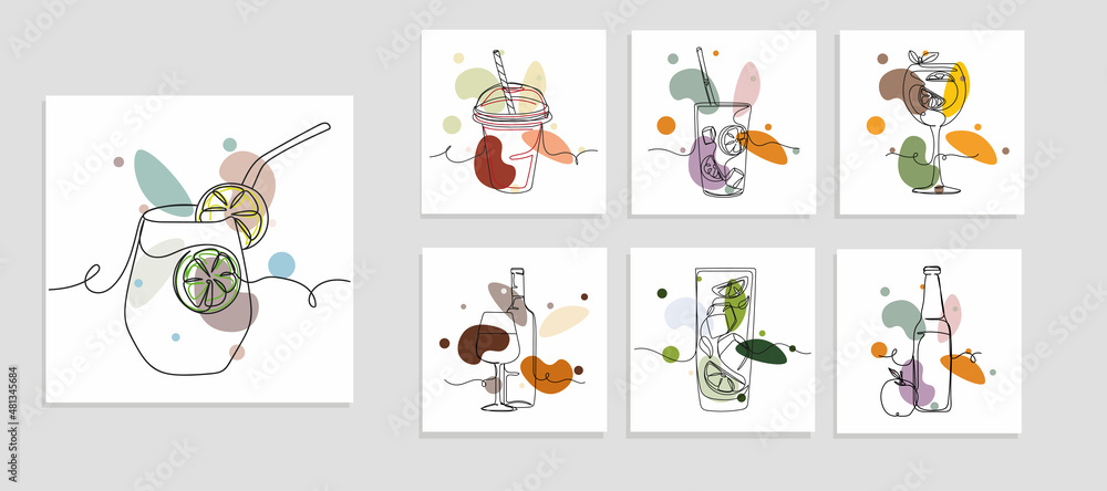 Continuous one simple single abstract line drawing of set drink ...