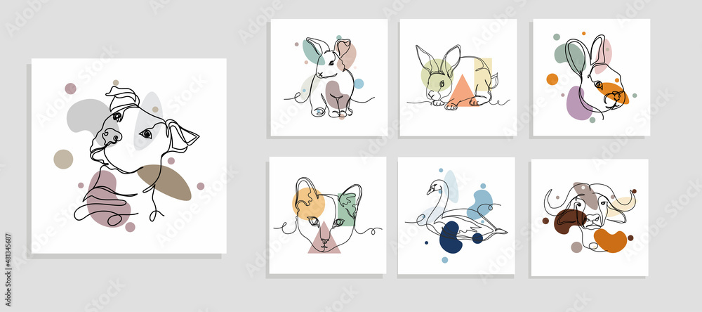 Continuous one simple single abstract line drawing of set animals icon ...