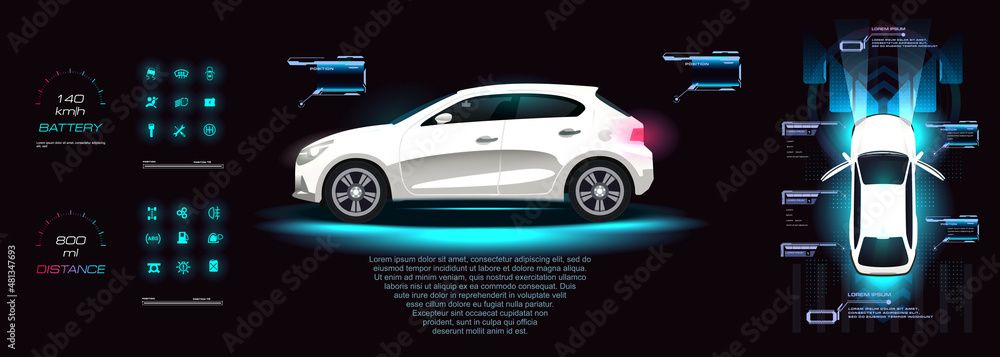 Car user interface HUD, GUI, UI. Dashboard with car and settings ...