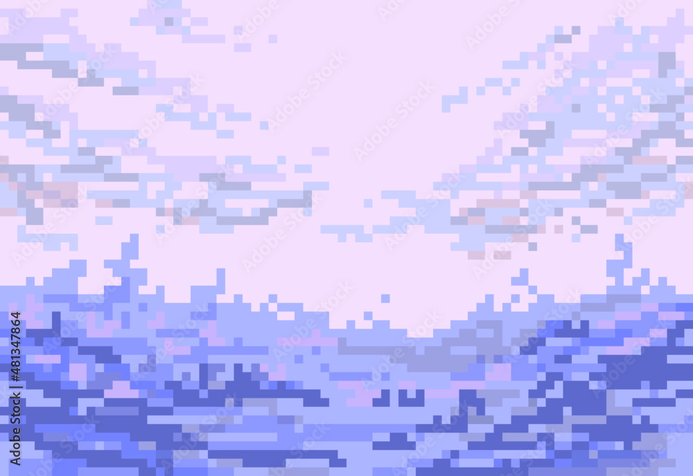 Abstract background with violet colored landscape in pixel art style ...