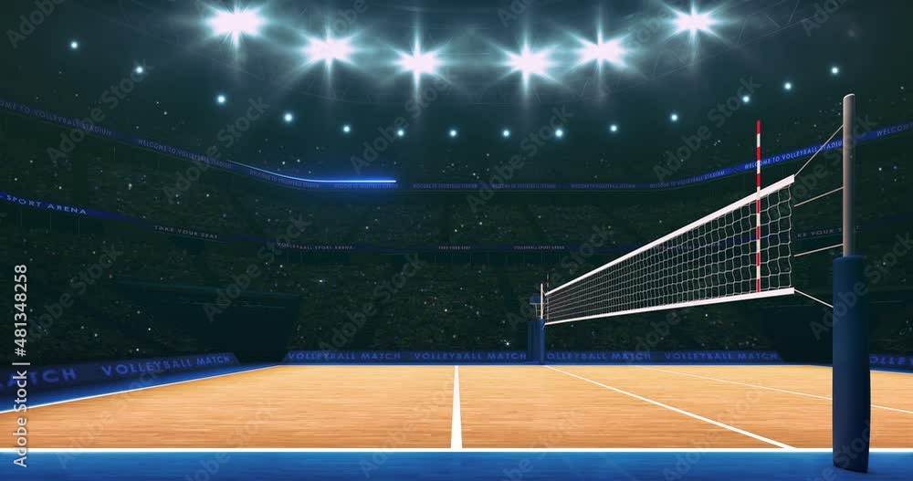 Spotlights shining above the volleyball court and net at side view ...