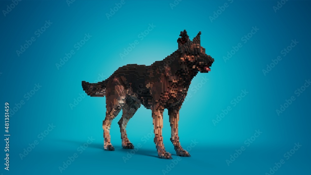 Toy blocks. Dog figure assembled from toy bricks on a blue studio ...