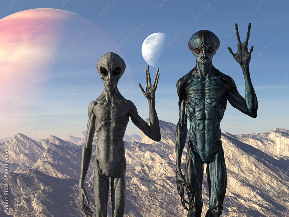 3d illustration of a blue and grey alien standing next to each other ...