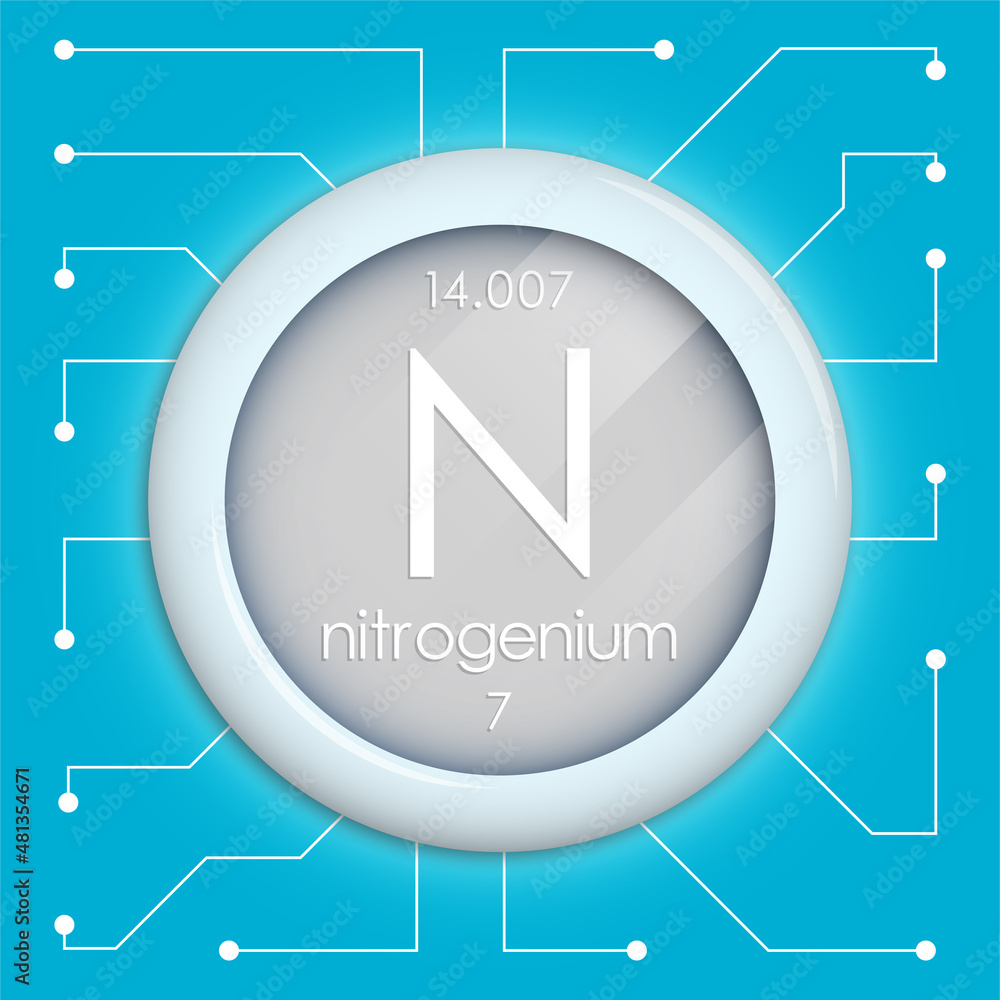 Realistic button with nitrogen symbol. Chemical element is nitrogen ...